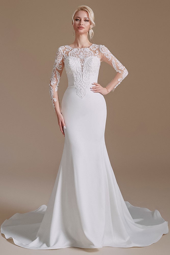 Trumpet Long Train Beaded Tight Wedding Dress with Sheer Lace Sleeves #C5106 - GemGrace.com