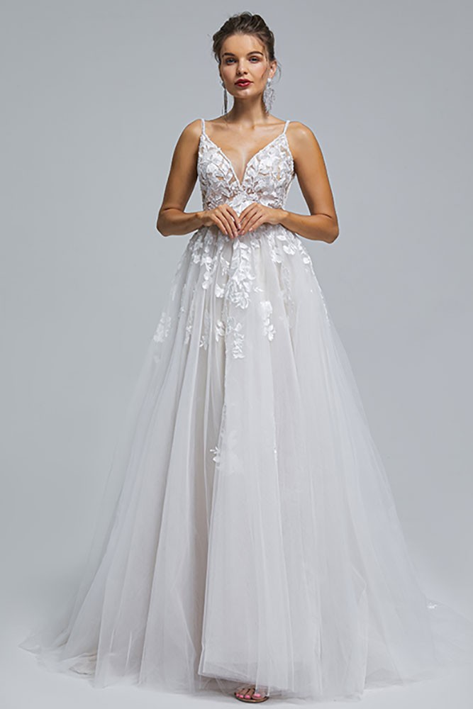 Charming Lace Deep V Long Tulle Wedding Dress with Spaghatti Straps # ...