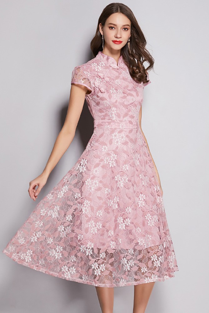 L-5XL Pink Lace Flowers Modest Tea Length Party Dress #ZTY075 ...