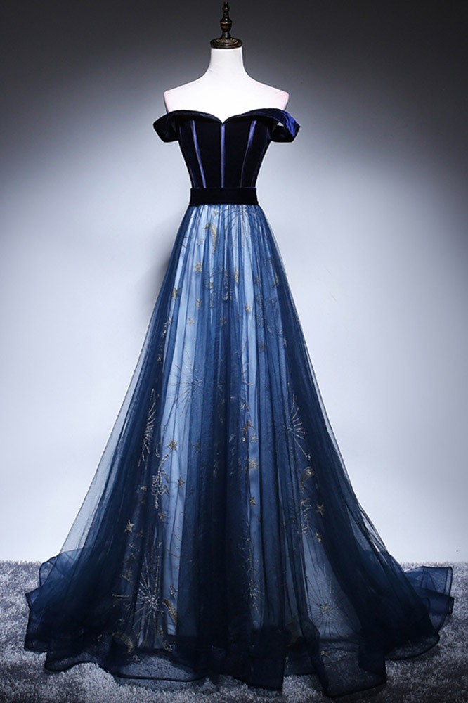 Navy Blue Velvet And Tulle Prom Dress with Stars #L78308 - GemGrace.com