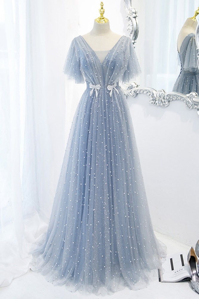 Flowy Long Tulle Aline Prom Dress with Beadings #L78216 - GemGrace.com