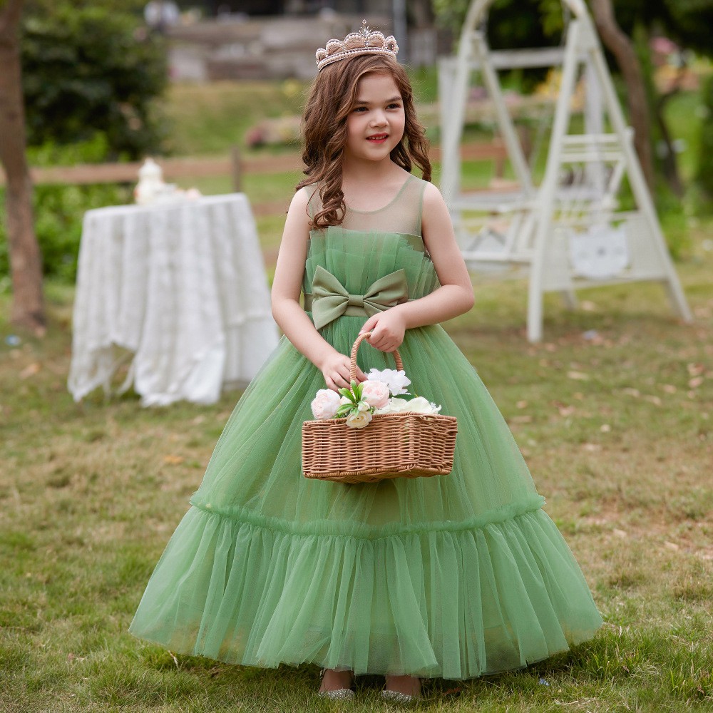 Elegant Green Tulle Flower Girls Long Party Dress 5 Colors #MQ3608 ...