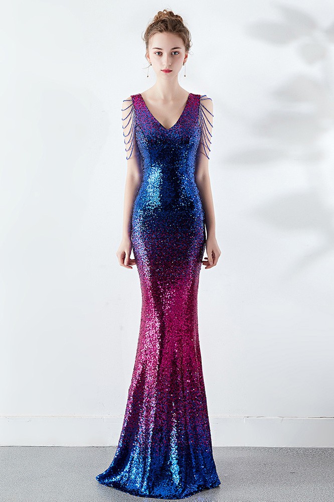 Vneck Ombre Sparkly Sequins Long Prom Dress #LN102 - GemGrace.com