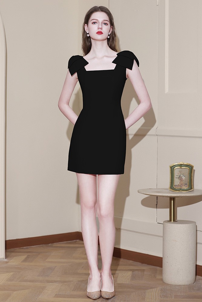 Little Black Square Neckline Mini Party Dress #HTX95012 - GemGrace.com