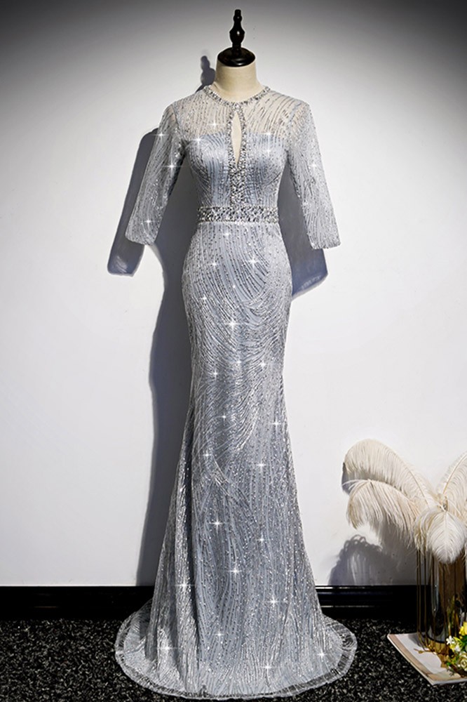 Sparkly Silver Sequined Mermaid Formal Dress with Half Sleeves #L78239 ...