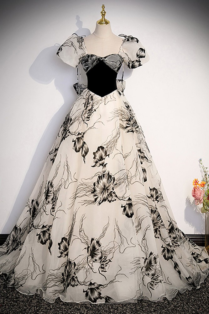 Unique Floral Prints Ballgown Prom Dress with Bubble Sleeves #L78001 ...