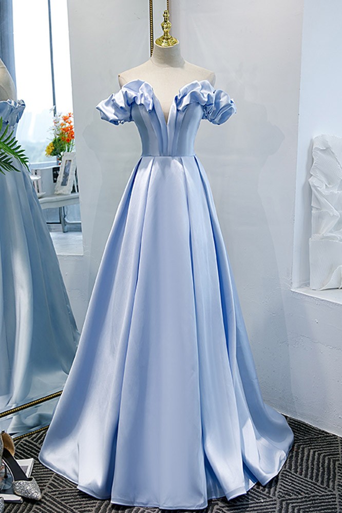 Blue Satin Aline Long Prom Dress with Off Shoulder #L78215 - GemGrace.com