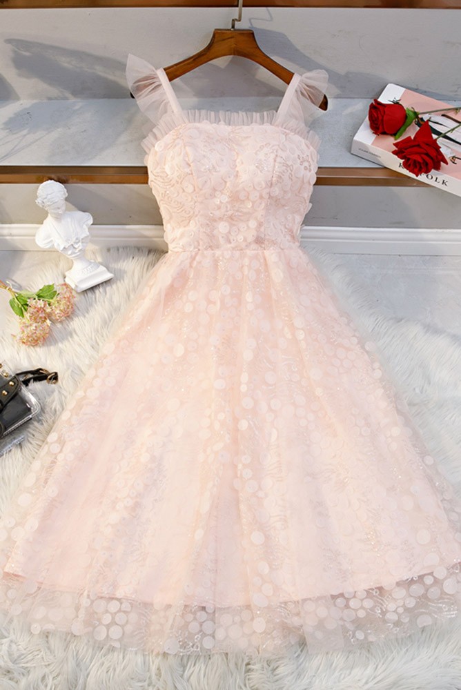 Lovely Pink Tea Length Party Dress with Straps #L78281 - GemGrace.com