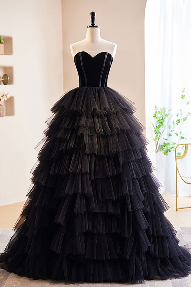 Off Shoulder Gothic Black Tulle Ruffled Ballgown Prom Dress #MX18026 ...