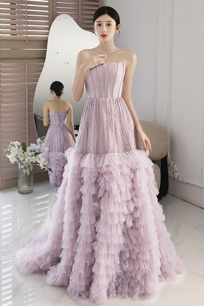 Special Purple Ruffled Long Prom Dress Strapless #MX18188 - GemGrace.com