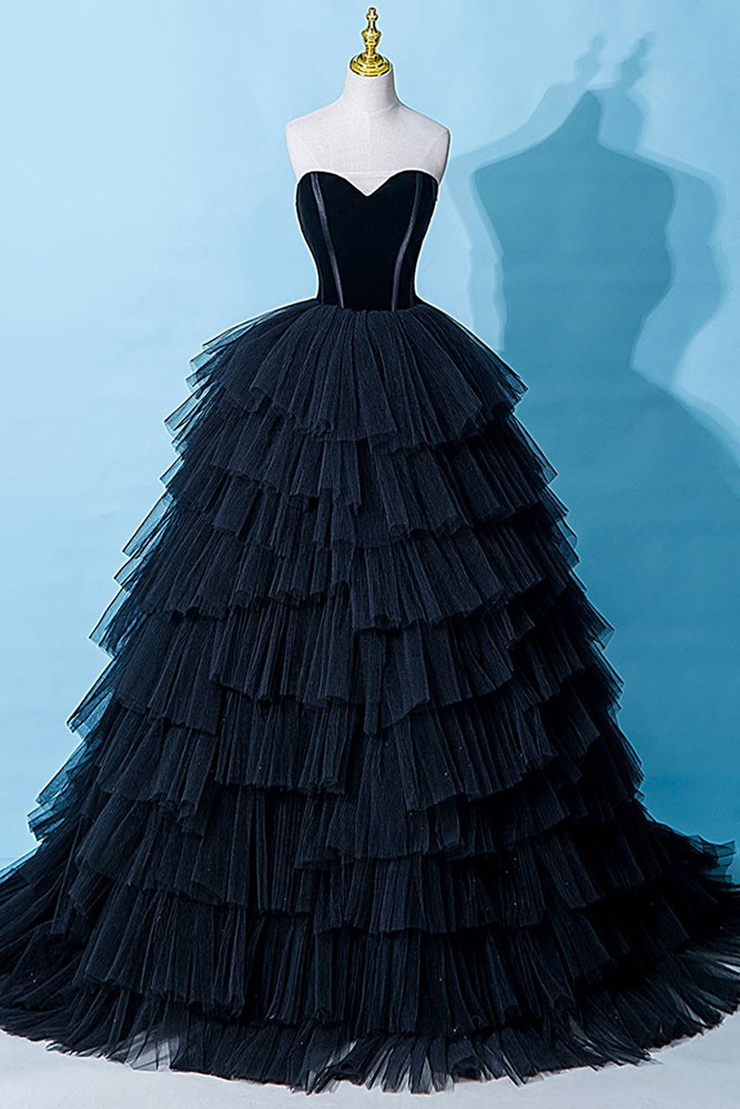 Black Tulle Ruffled Gothic Black Prom Dress #MX18044 - GemGrace.com