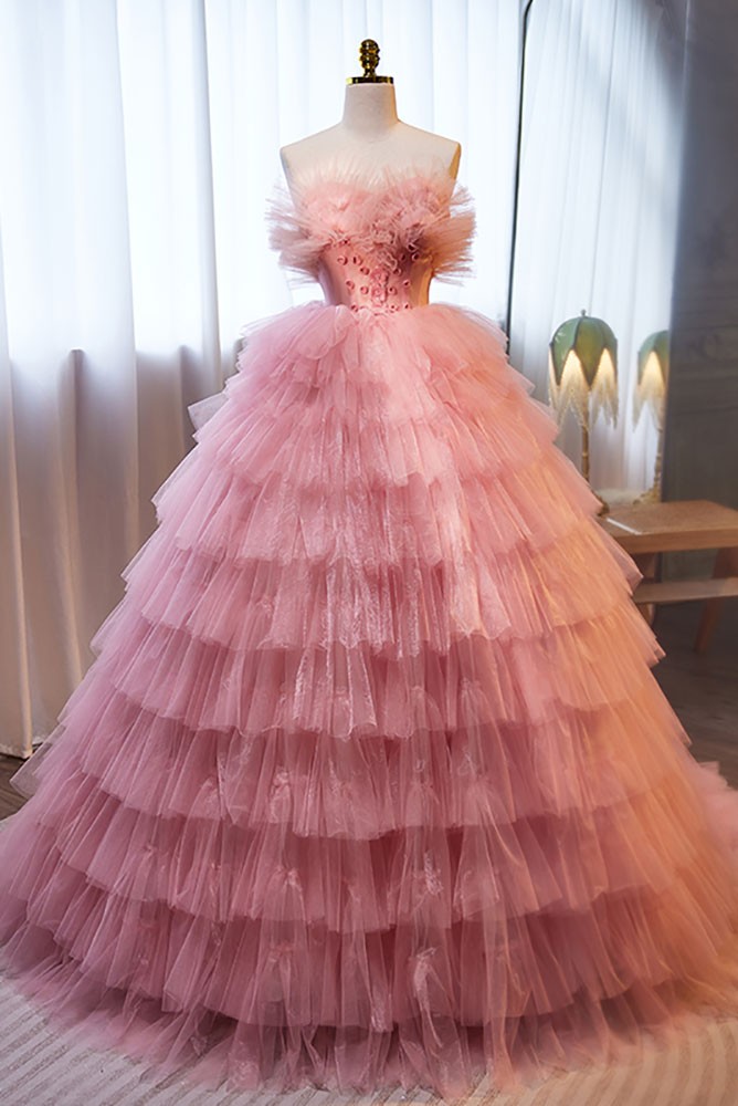 Cute Pink Puffy Ballgown Prom Dress Strapless #MX18167 - GemGrace.com