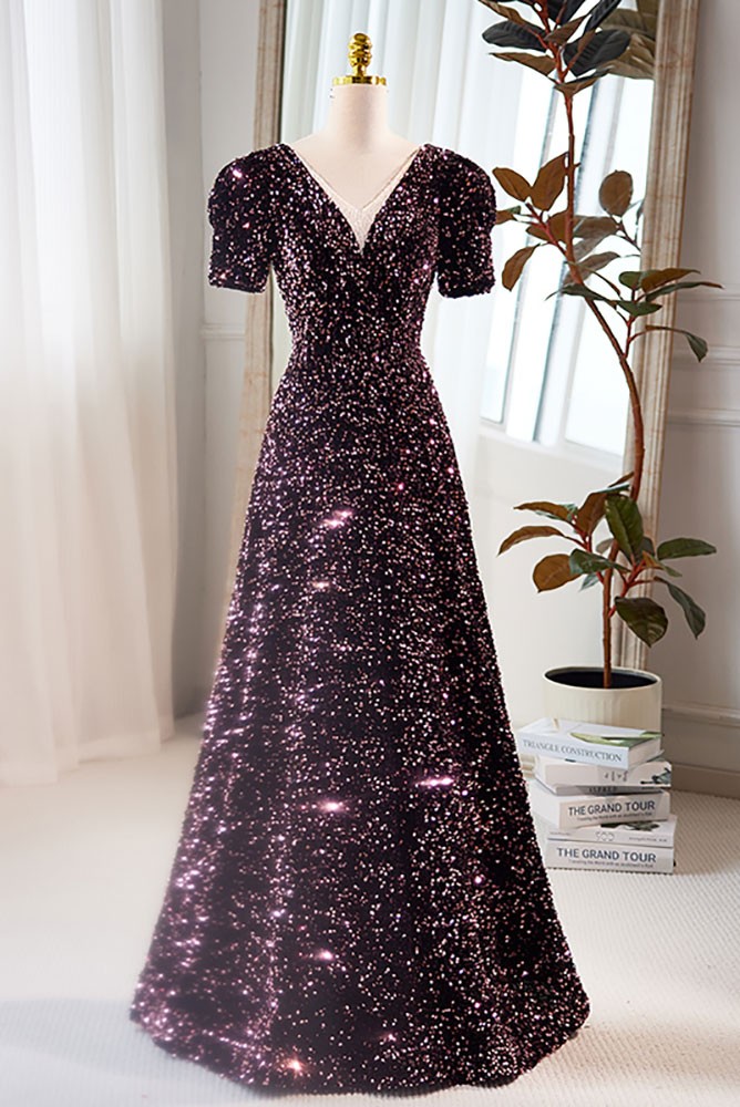 Modest Vneck Sparkly Sequined Purple Prom Dress with Short Sleeves # ...