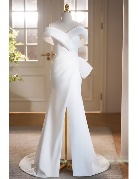 Simple Split Front White Formal Dress Off Shoulder #MX18123 - GemGrace.com