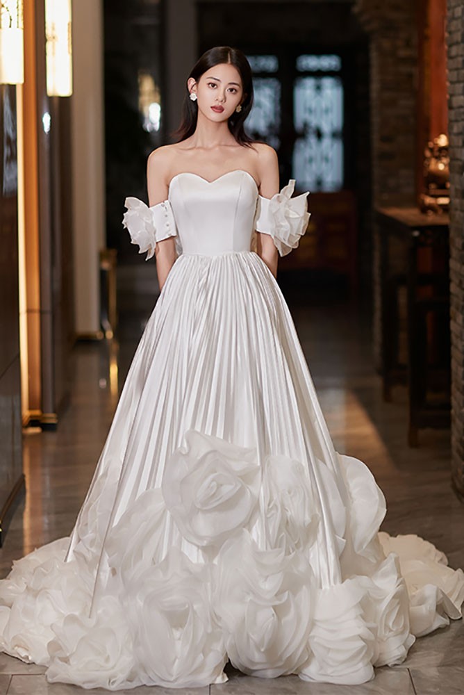 Gorgeous Satin with Ruffled Flowers Wedding Dress with Train #MX18122 ...