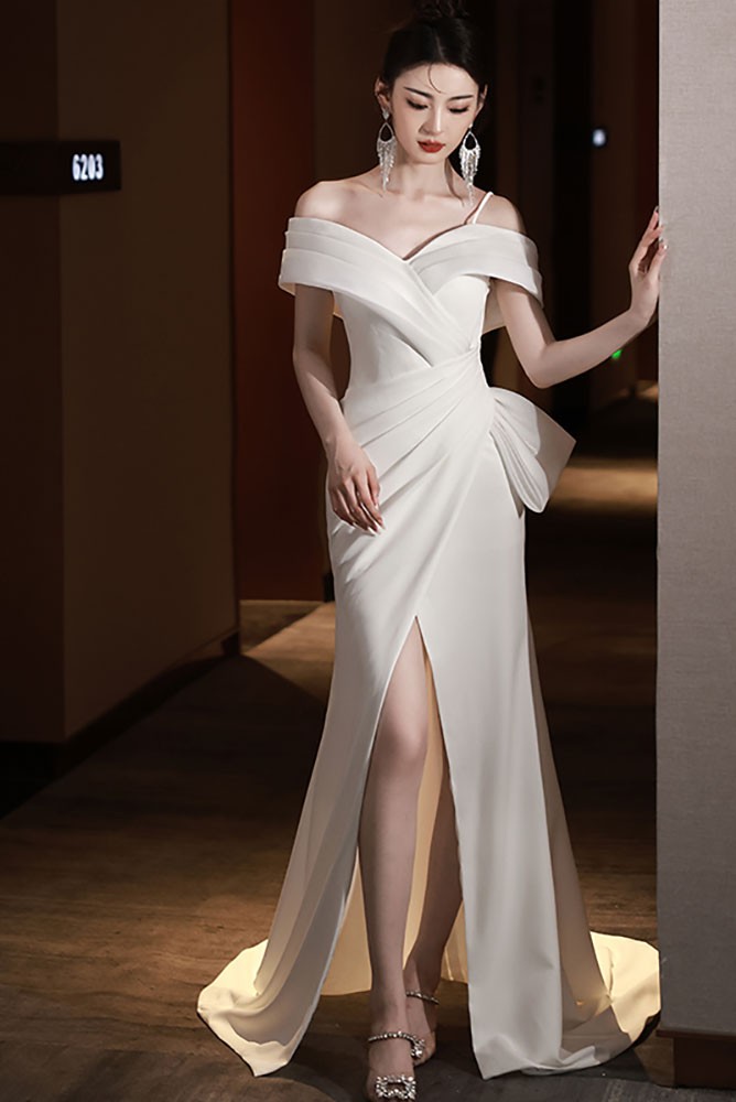 Elegant Off Shoulder White Formal Dress with Split #MX18152 - GemGrace.com