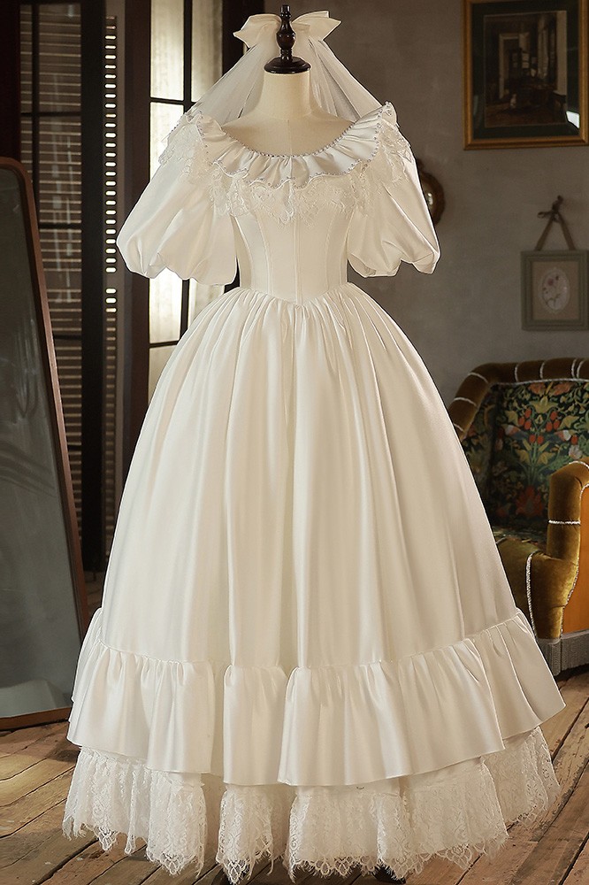 Vintage Princess Style Ivory Satin Lace Baby Collar Wedding Dress ...