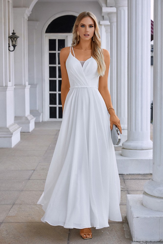 Elegant White Chiffon Aline Wedding Dress with Sequined Straps C5714 ...