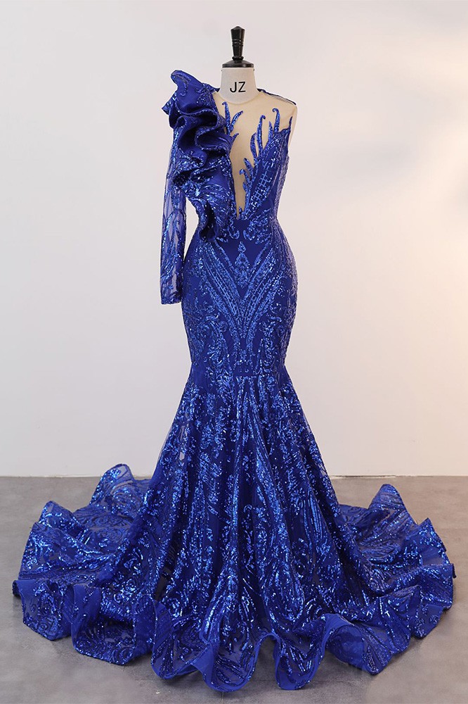 Blue Sparkly Sequined Mermaid One Long Sleeved Prom Dress with Ruffles ...