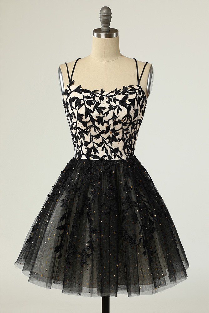Unique Black Lace Short Tulle Prom Dress with Straps C5704 - GemGrace.com