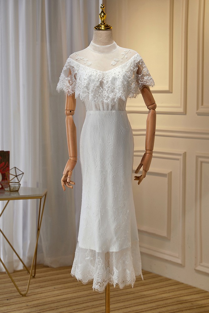 Elegant Lace Sheath Wedding Dress With Cape Sleeves G7463 - GemGrace.com