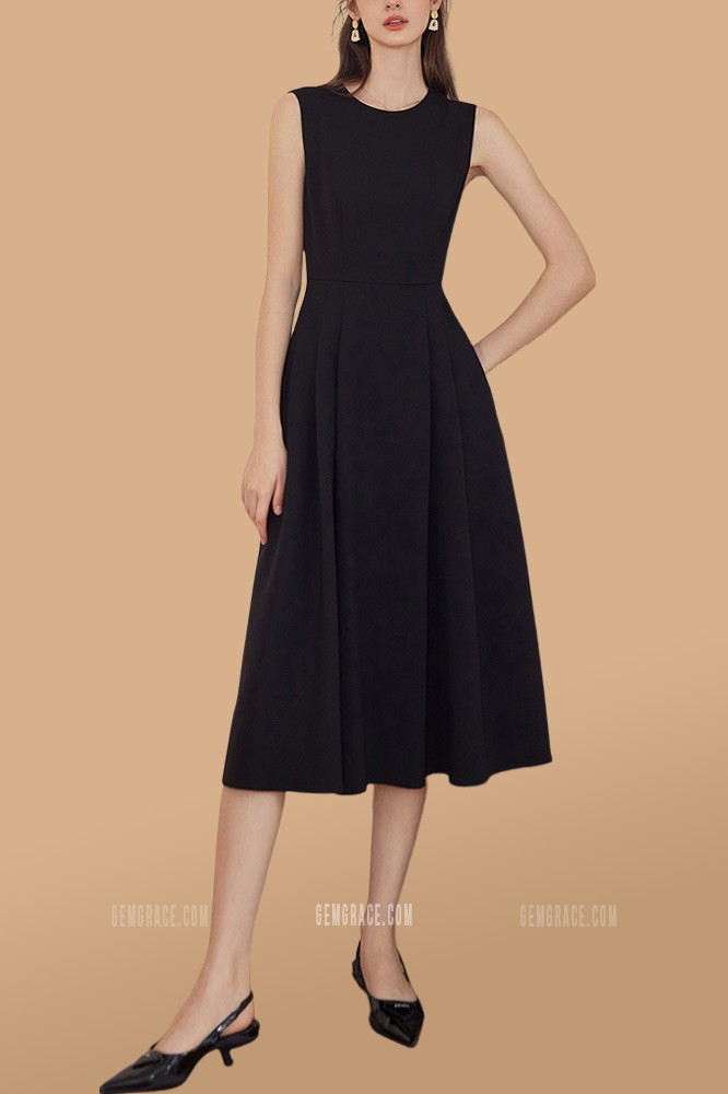 Simple Round Neck Sleeveless Tea Length Pleated Dress E86058 - GemGrace.com