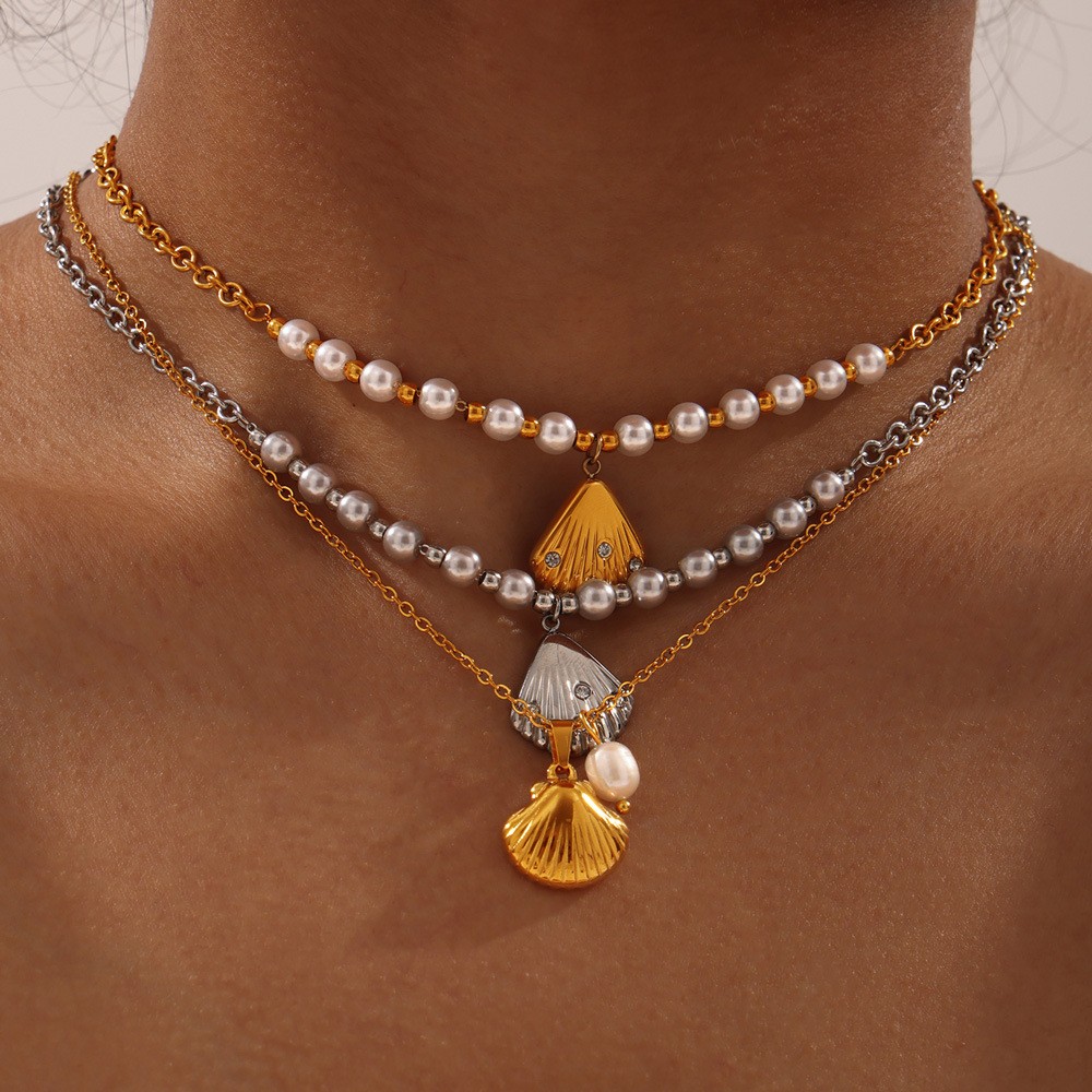 Shell Shape Czech Diamond Pendant With Freshwater Pearls Necklace # ...