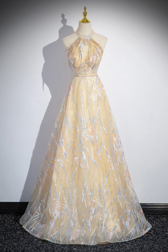 Long Halter Beading Chain Champagne Tulle Lace Prom Dress #L78360 ...