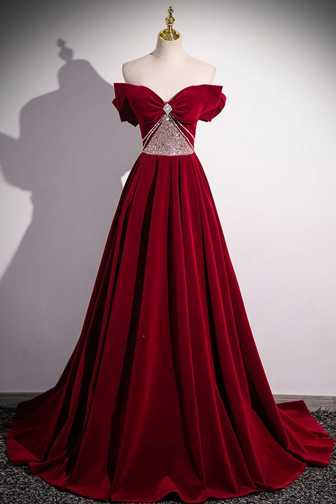 Off The Shoulder Burgundy Long Formal Velvet Prom Dress with Beading ...