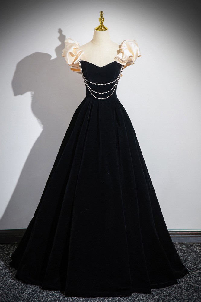 Simple Black Long Formal Dress with Removeable Ruffle Straps #L78359 ...