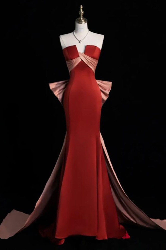 Simple Strapless Corset Mermaid Satin Prom Dress Long with Bow Streamer ...