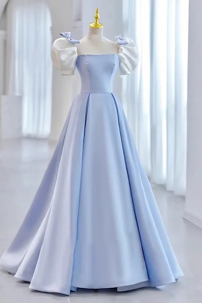 Simple Elegant Satin Light Blue Long Prom Dress with Beading Bows # ...