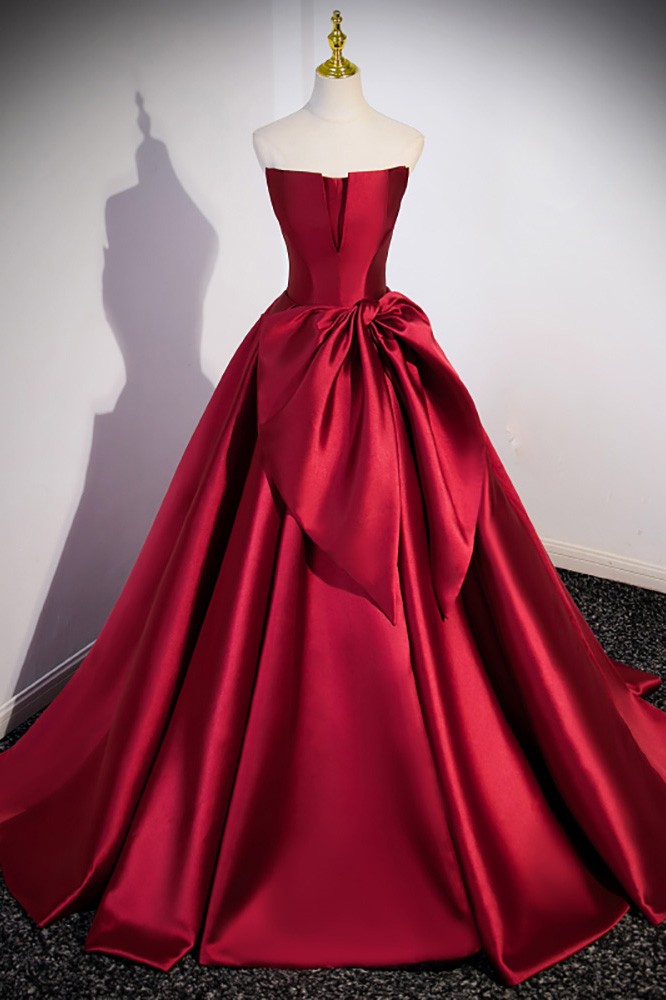 Strapless Long Satin Red Evening Formal Gown with Bow For Woman #L78433 ...
