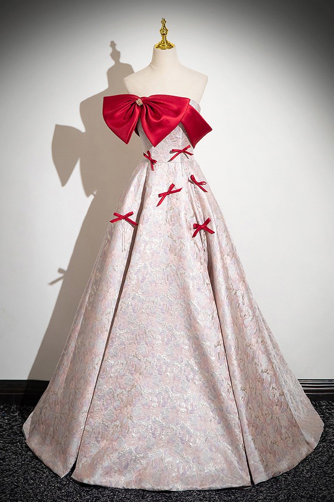 Strapless Texture Floral Embossed Long Prom Dress with Big Bow Front # ...