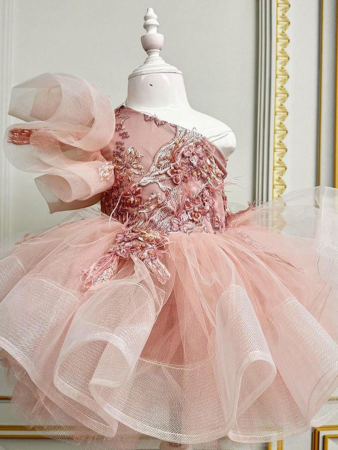 Pink Ruffled Tulle One Shoulder Girls Formal Party Dress #TB4051 ...