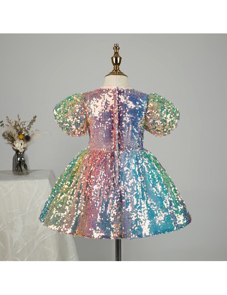 Colorful Sparkly Sequins Girls Party Dress with Bubble Sleeves #TB4006 ...