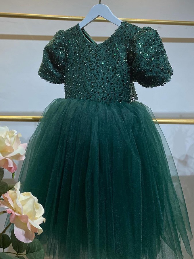 Dark Green Tulle Sequined Girls Party Dress with Bubble Sleeves #TB4130 ...