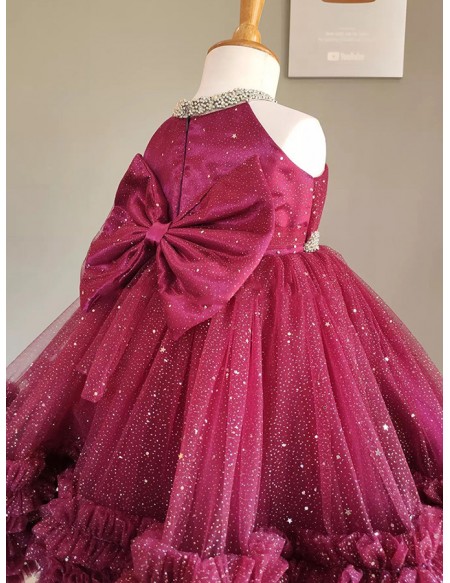 Burgundy Formal Bling Tulle Girls Prom Dress with Beaded Neckline # ...