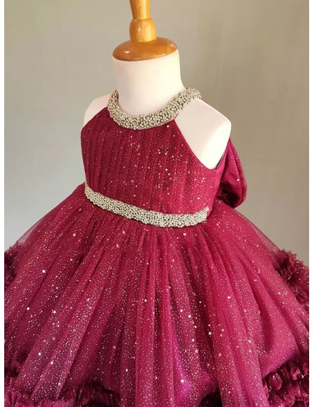 Burgundy Formal Bling Tulle Girls Prom Dress with Beaded Neckline # ...