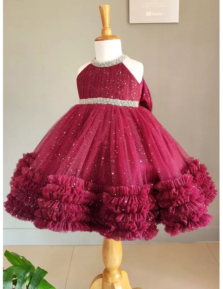 Burgundy Formal Bling Tulle Girls Prom Dress with Beaded Neckline # ...