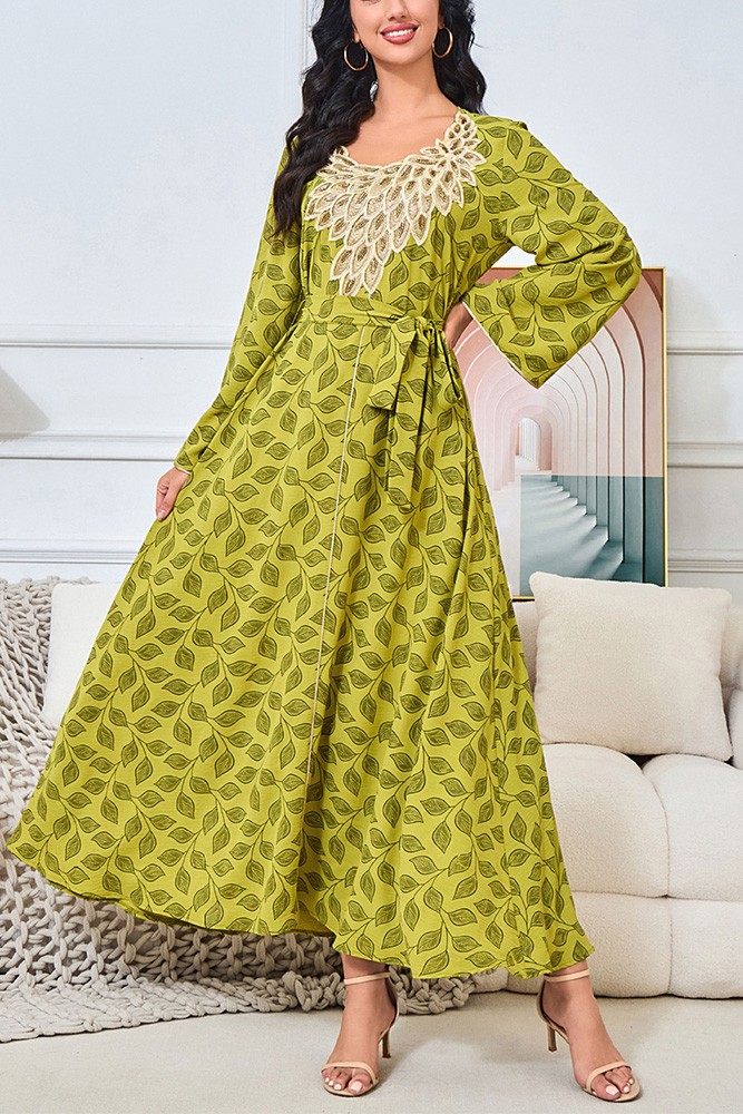 Exotic Green Leaf Patterns Long Sleeved Dress Modest #GMT161 - GemGrace.com