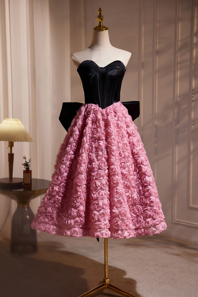 Black And Pink Sweetheart Flowers Tea Length Formal Dress #GR79172 ...