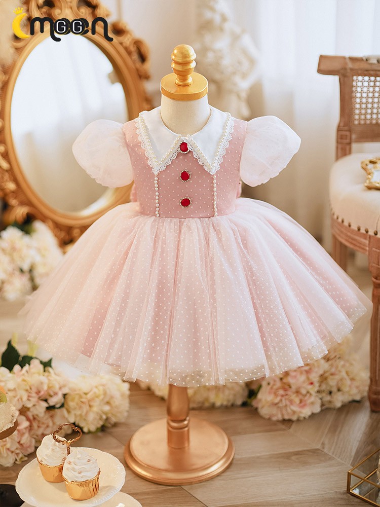Baby Collar Vintage Style Polka Dot Tulle Girls Party Dress with ...