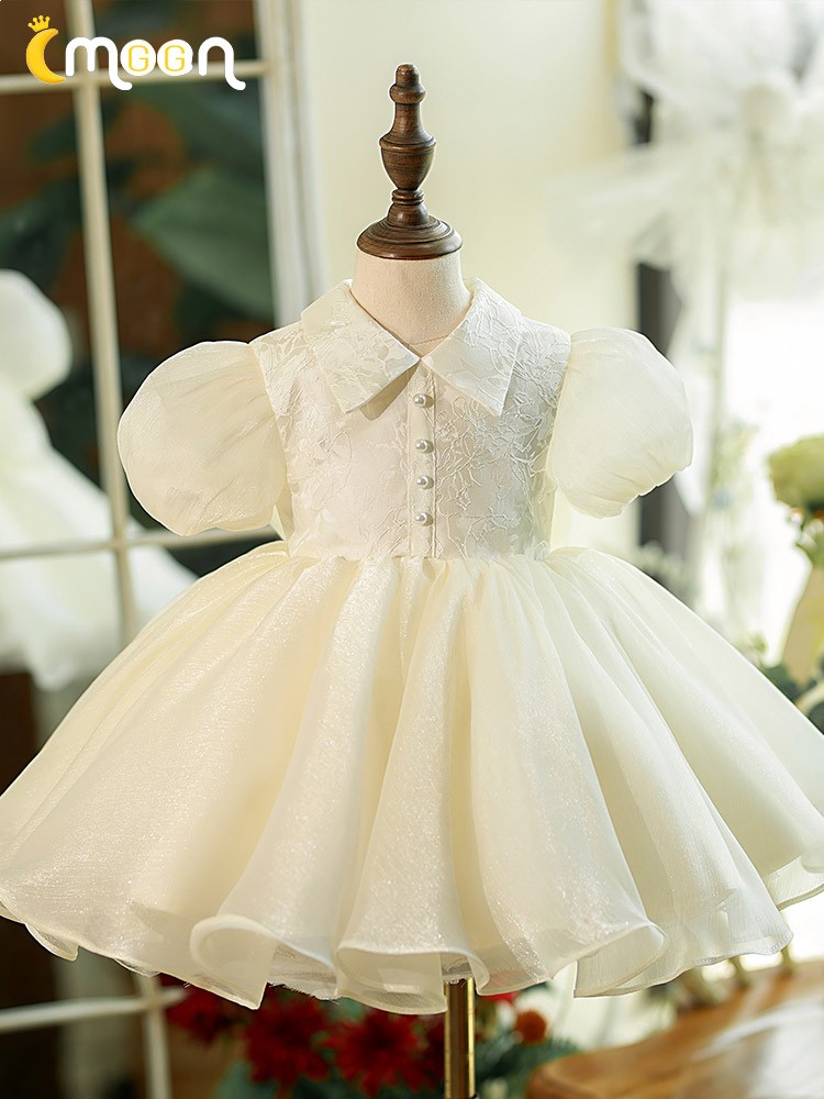 Unique Champagne Collar Organza Girls formal Dress with Bubble Sleeves ...