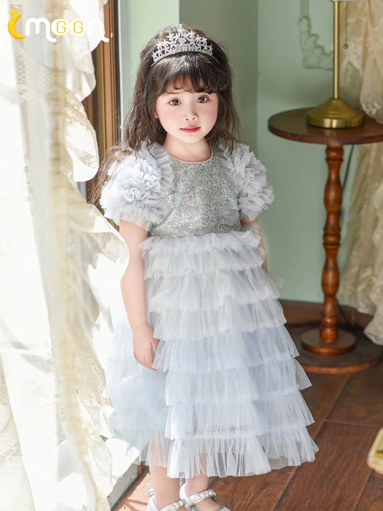 Princess Grey Tiered Tulle Flower Girl Dress with Sleeves #TM4006 ...