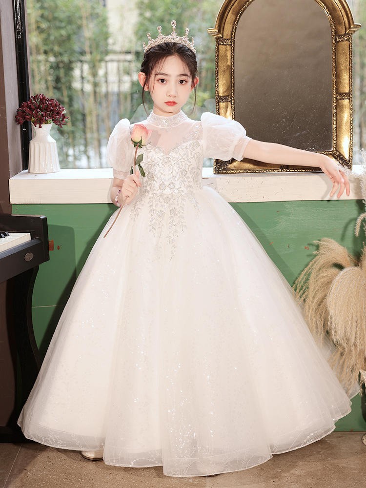 Princess White Ballgown Sequined Long Tulle Wedding Dress for Girls # ...