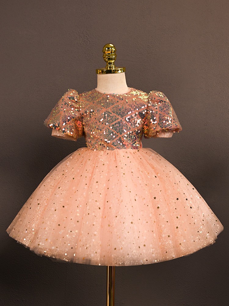 Cute Pink Bling Sequins Little Girls Birthday Party Dress with Sleeves ...