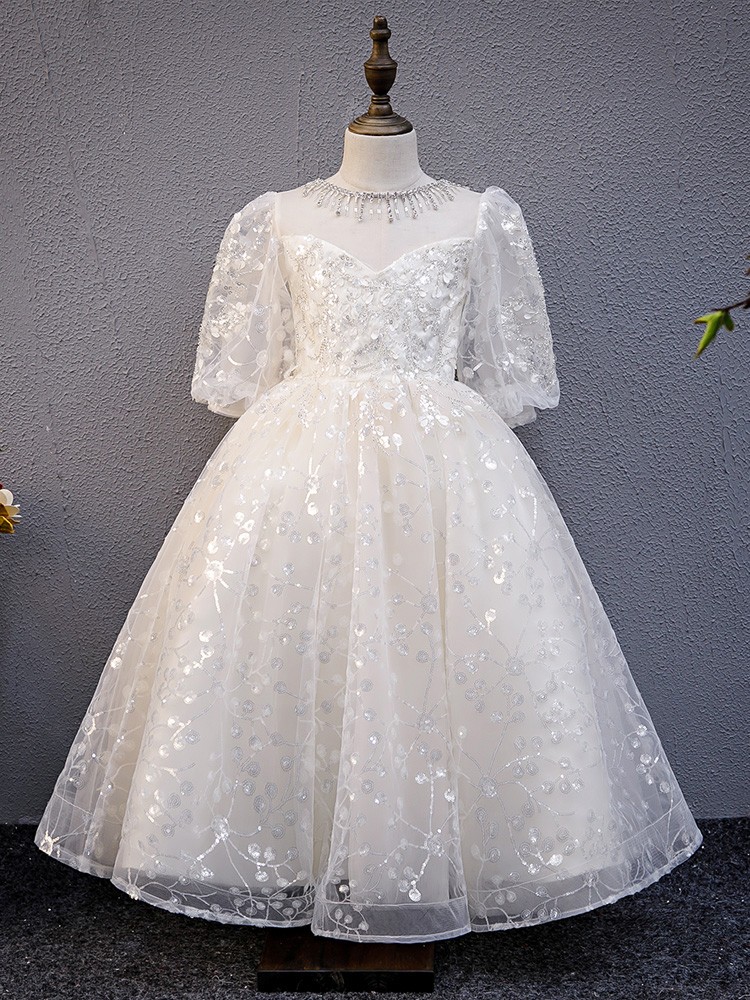 Bling Sequins Tulle Girls Wedding Dress with Sleeves #TG4114 - GemGrace.com