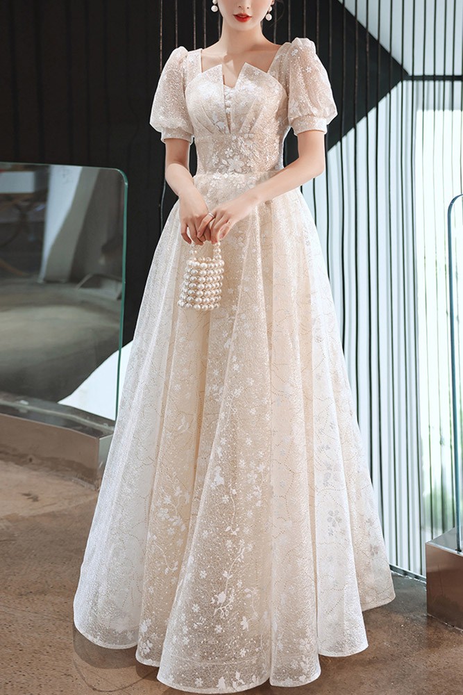Champagne Long Floral Pattern Prom Dress With Sleeves #WS7149 ...