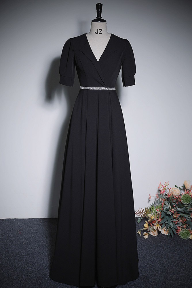 Vneck Collar Elegant Black Formal Dress With Sleeves #R76161 - GemGrace.com